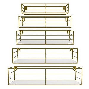 CRUGLA Gold Floating Shelves Wall Mounted Set of 5, Hanging Storage Floating Shelf for Bathroom, Kitchen, Bedroom, Living Room