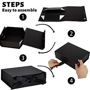 JOHOUSE Black Gift Box, 10.5" x 7.5" x 3.1" Gift Boxes with Lids for Presents, Magnetic Closure Collapsible Gift Box with Ribbon For Groomsman Proposal Gift, Birthdays, Halloween, Weddings