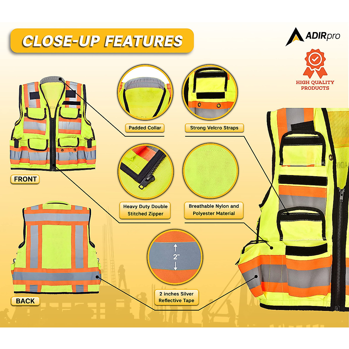 AdirPro Safety Vest - High Visibility Reflective with Zipper and Utility Pockets for Surveyors Engineers Class 2 Construction Workers, Fluorescent Yellow, 10