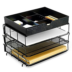 CAXXA 3 Trays Stackable Mesh Letter Tray, Desk File Organizer, Desktop Paper Tray Holder with Drawer, Black