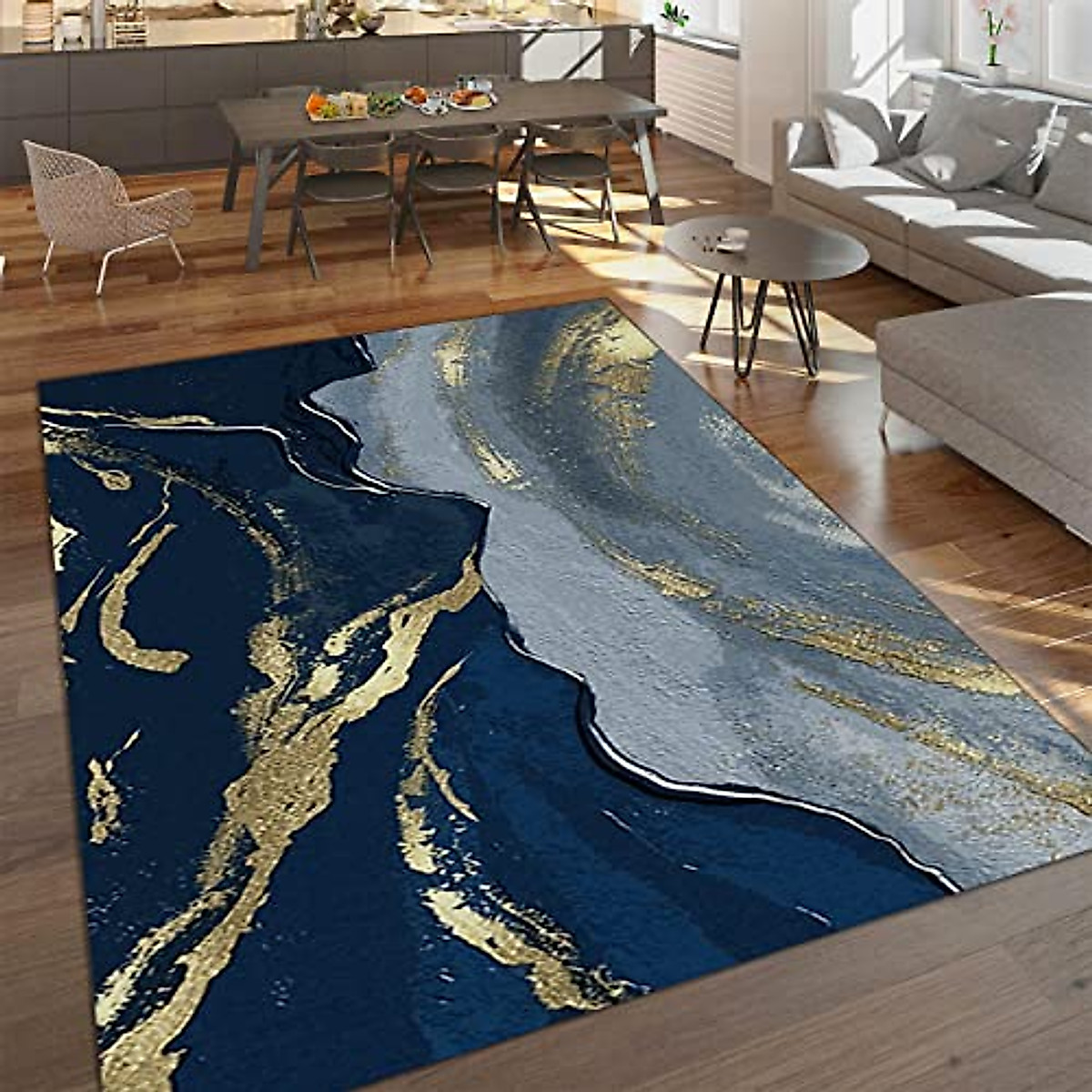Blue Gold Pigment Area Rugs, Hand Painted Oil Painting Carpet, Bathroom Rugs Durable Quick Dry Machine Washable for Living Room Study Bedroom Kitchen Office,5×8ft /150 *240 cm