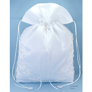 Satin Bridal Wedding Money Bag (#E1D4MBwh) in LARGE Size with Pearl-Embellished Floral Lace for Receiving Envelopes and Cards, Bridal Purse, and Other Special Occasions