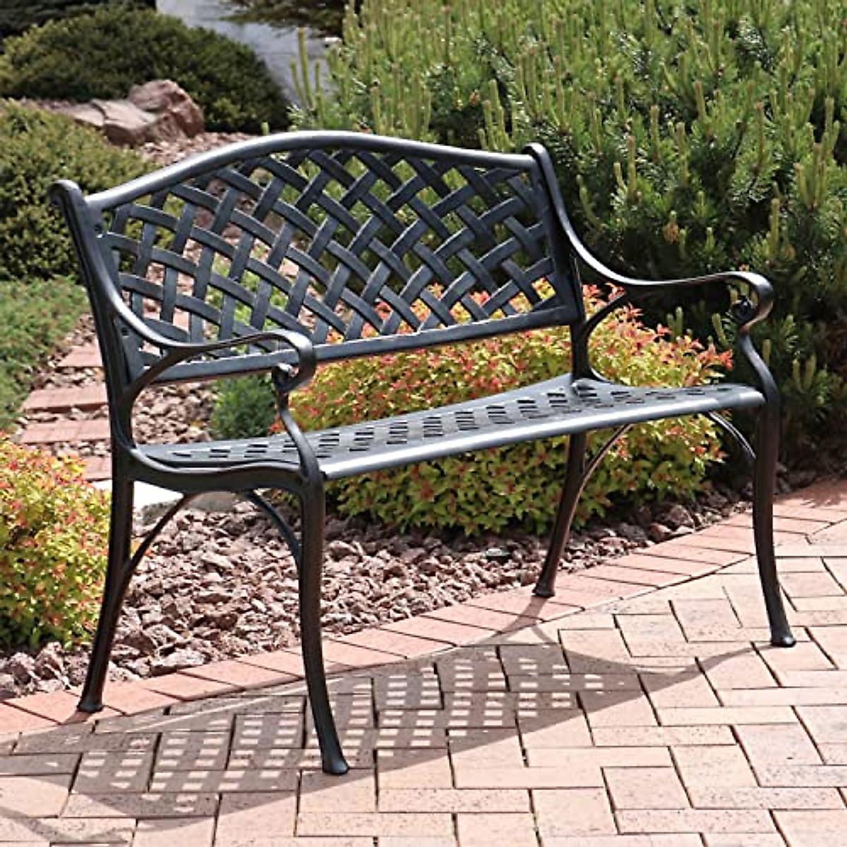 Sunnydaze Outdoor Patio Bench with Black Checkered Design - Durable Cast Aluminum Metal Garden Bench - 2-Person Patio Decor Seating - Front Porch Furniture - Entryway Bench