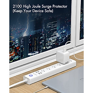 2 Pack Power Strip Surge Protector Flat Plug - 6 Widely Spaced Outlets 4 USB Charging Ports, 2100J/10A with 6Ft Long Extension Cord, Overload Surge Protection, Wall Mount for Home Office