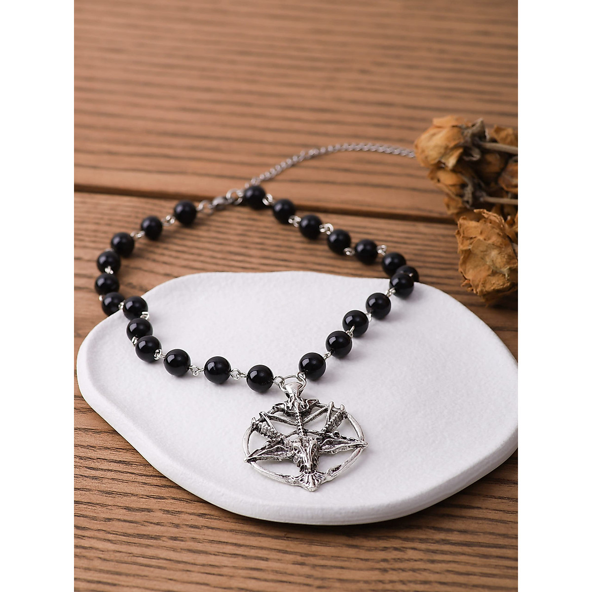 Sacina Goth Baphomet Choker Necklace, Black Bead Pentagram Skull Choker Necklace, Goth Halloween Jewelry Gift for Women, Men