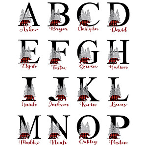 Personalized Woodland Bear Buffalo Plaid Baby Boy Nursery Decor Unframed Print - Baby Name Letter Initial Monogram