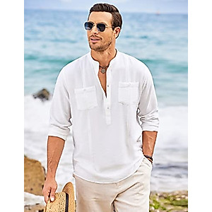 COOFANDY Men's Linen Henley Shirt Long Sleeve Casual Hippie Cotton Beach T Shirts White