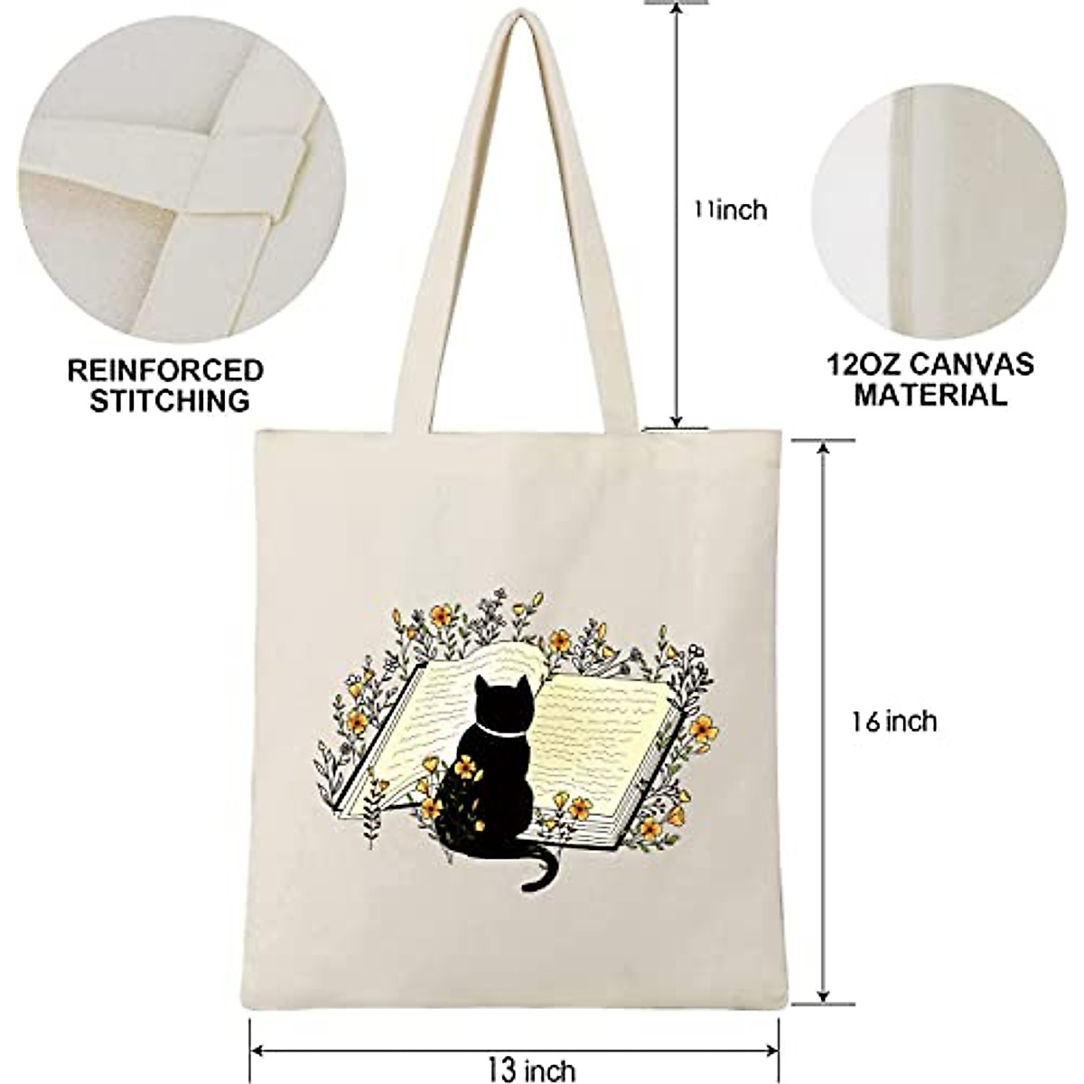 Canvas Tote Bag For Woman,Reusable Fabric Bags Funny Aesthetic Tote Bag With Zipper Cute Cat Flower Tote Bag Reusable Grocery Bags Book Lightweight