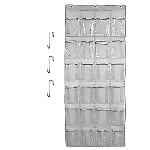 Over The Door Hanging Shoe Organizer with 24 Large Crystal Clear PVC Pockets Hanging Shoe Organizer and 3 Metal Hooks for Storage Men's Sneakers, Bathroom Toiletries, Slippers and Kids Toys (Grey)