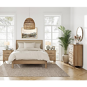 WAMPAT 3 Piece Dresser and Nightstand Sets, Farmhouse Dresser & Chest of Drawers with 5 Drawers & Metal Handle, Set of 2 Nightstands End Table with Charging Staion, 3 Piece Bedroom Set, Oak