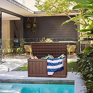 GUNJI 83 Gallon Storage Box Outdoor Waterproof Large Resin Deck Box Patio Storage Bench Lockable Storage Container for Outdoor Cushions, Garden Tools and Pool Supplies (Brown)