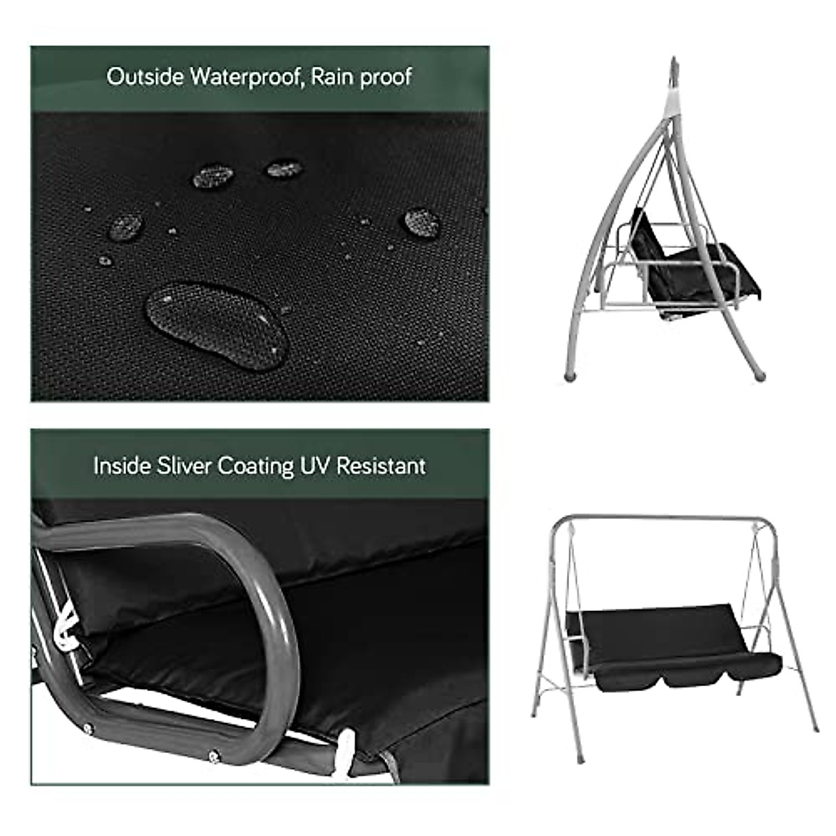 Outdoor Swing Cushion Cover Patio Swing Cushion Replacement 3 Seater Swing Seat Cushion Cover Waterproof Dust Proof for Courtyard Garden Swing Chair Protection Cover-59x59x4inches (Black)