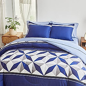 UOZZI BEDDING Stripes Bed in a Bag Queen Size 7 Pieces Navy White Comforter Sheet Set with Diamond All Season Bed Comforter Set (1 Comforter 2 Pillow Shams 1 Flat Sheet 1 Fitted Sheet 2 Pillowcases)