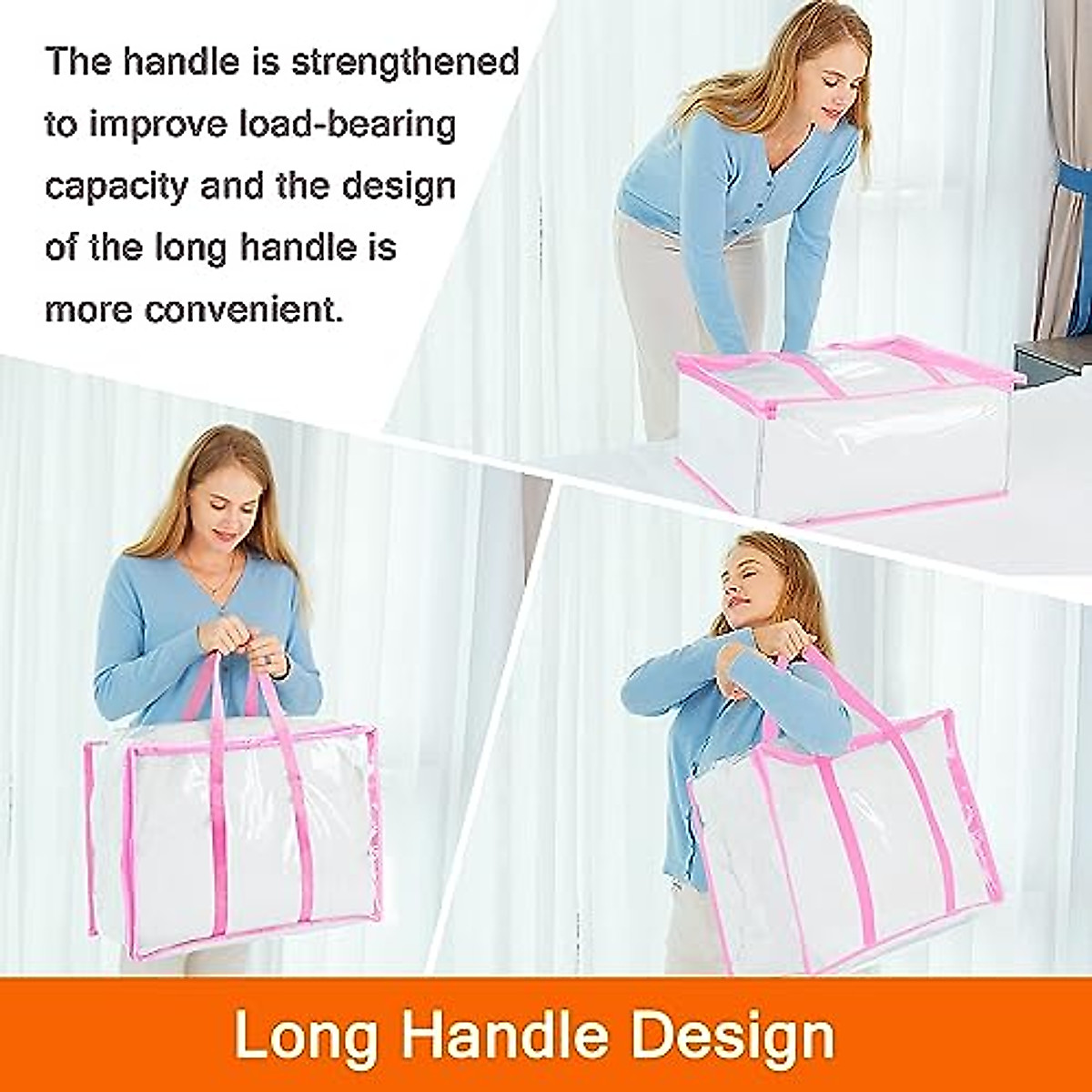 Vieshful 3 Pack Clear Clothes Storage Bag, 40L Zippered Closet Organizer, Plastic Storage Containers Moving bags for Comforter, Blanket, Bedding, Duvet, Toys (Blue)