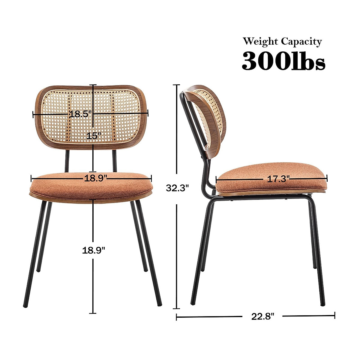 HOCEWI Rattan Dining Chairs Set of 2, Mid Century Modern Dining Chairs, Fabric Cane Dining Room Chairs (Orange, Fabric)