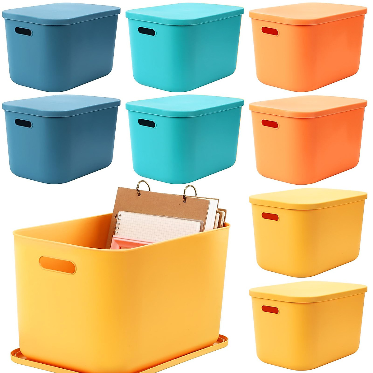 Hoolerry 8 Pieces Colorful Storage Bins with Lid and Handle, Plastic Stackable Baskets Desktop Cube Box Cubby Bins Containers for Shelf Cabinet Bedroom Office (Multi-colored,14.2 x 10.2 x 9.5 Inch)