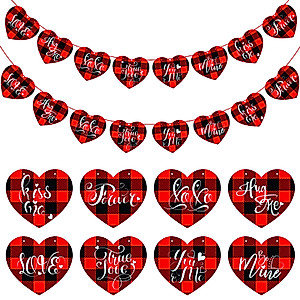 16 Pcs Valentines Heart Garland Decorations Felt 7 Inch Valentines Heart Banner Valentines Gnome Heart Decorations for Wedding Anniversary Romantic Party Favor and Supply (Plaid Heart Style)