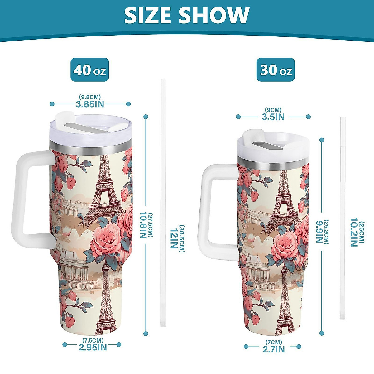 ALAZA Roses Flowers Eiffel Tower 40 oz Tumbler Water Bottle with Straw Lid and Handle,Reusable Insulated Stainless Steel Cup for Women Men Travel Car Cup Holder