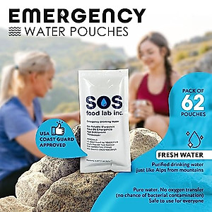 S.O.S. Emergency Water 5 year shelf life - 62 Individual 4.22 Oz Packets (With Tips)