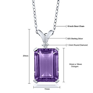 Gem Stone King 925 Sterling Silver Purple Amethyst and White Diamond Pendant Necklace For Women (6.27 Cttw, Gemstone Birthstone, Emerald Cut 14X10MM, With 18 Inch Silver Chain)