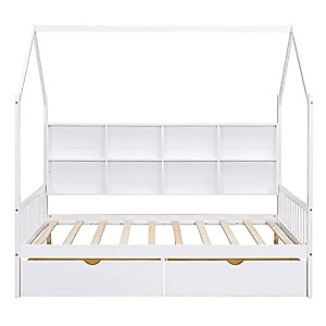 Polibi Full Size Wooden House Bed with 2 Drawers, 8 Storage Shelves, Roof, Headboard and Footboard, White