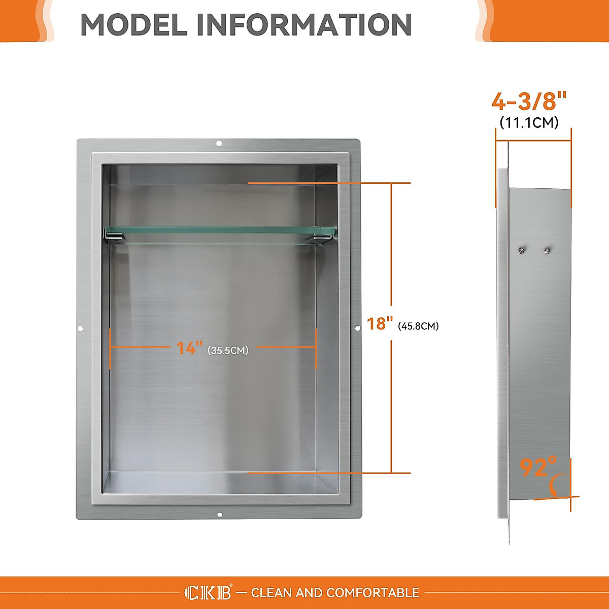 CKB Shower Niche Stainless Steel, 18 Inch x 14 Inch x 4 Inch Depth, Double-Layer Storage Shelves, Recessed Shower Shelf with Brushed Nickel