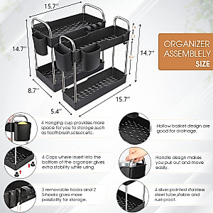 2 Pack Under Sink Organizer,2 Tier Under Sink Storage Organizer with Hooks and Hanging Cups for Bathroom,Kitchen Multi-Purpose Standing Rack Organizer,Bathroom Collection Baskets