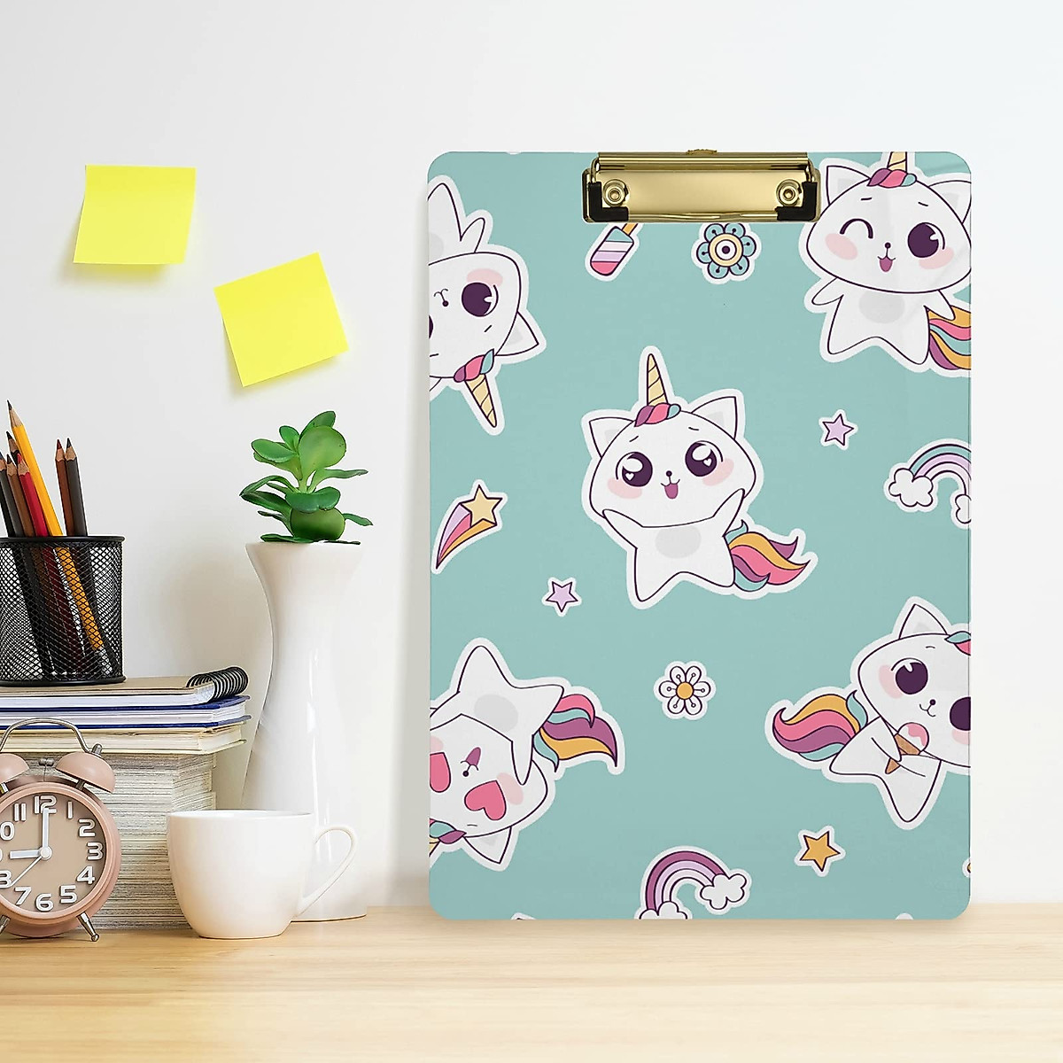 Plastic Clipboard Cute Unicorn Cat Caticorn A4 Letter Size 12.5 x 9 Inch with Metal Low Profile Clip for Office Classroom Students Coaches （Gold Clip）