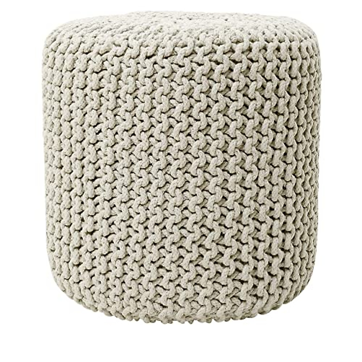 REDEARTH Cylindrical Hand Knitted Pouf - Foot Stool Ottoman - Cord Boho Pouffe - Cotton Round Poof for Home Decor - Living Room - Nursery - Bedroom - Patio (16" x 16" x 16") - Ivory