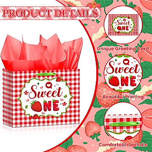 Strawberry 1st Birthday Gift Bag Red Berry Birthday Decorations Large Sweet One Birthday Wrapping Bag with Tissue Paper and Greeting Card for Girl Baby Shower Berry First Birthday Party Supplies