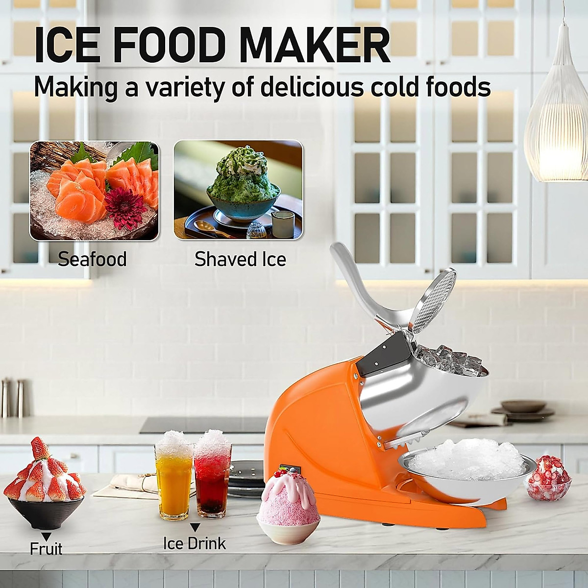 Electric Ice Crushers Machine Ice Snow Cone Maker Professional Double Blades Stainless Steel Ice Shaver Machine for Home Commercial Use (Orange)