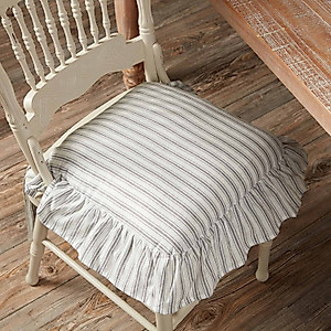 Piper Classics Timeless Ticking Ruffled Chair Pad, 16" L x 16" W, Soft White and Gray Ticking Stripes, Vintage Farmhouse Chic Seat Cushion