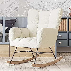 BELLEZE Rocking Chair, Nursery Chair Upholstered Glider Chair with Cushioned Back and Armrests, Wide Seat Rocker Chair for Bedroom, Nursery Room, Living Room, Office, Guest Room (Lucy - White)