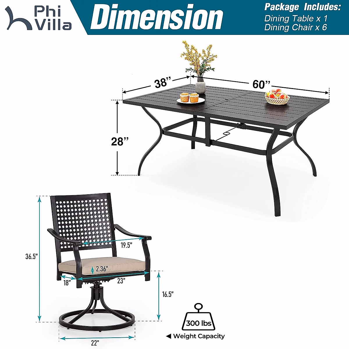 PHI VILLA Patio Dining Table Set for 6 Person Bistro Swivel Chairs with Cushion Contemporary Dining Table Outdoor Dining Set of 7 Pieces Conversation Set Patio Furniture for Outdoor Garden,Yard