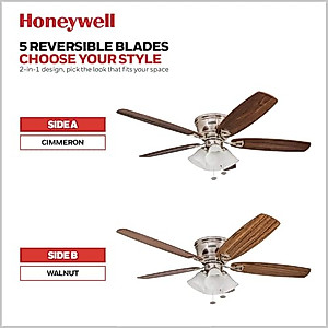 Honeywell Ceiling Fans Glen Alden, 52 Inch Classic Flush Mount Indoor LED Ceiling Fan with Light, Pull Chain, Quick-2-Hang Dual Finish Blades, Reversible Motor - 50182 (Brushed Nickel)