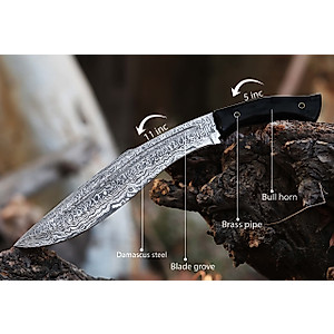 12.5 Inch long Hunting knife, Collectible knife, Natural Camel bone scale embellished with engraved brass finger guard, foil work spacer and pommel, Hand forged Twist pattern Damascus steel blade, Comes with Leather sheath