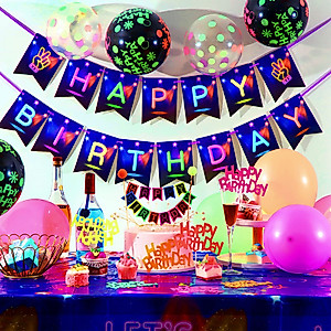 Zhanmai Glow Neon Party Supplies Glow in the Dark Birthday Party Decorations Include Fluorescent Balloons Neon Banner Tablecloth Blacklight Reactive Hanging Stars Cake Toppers for Neon Party