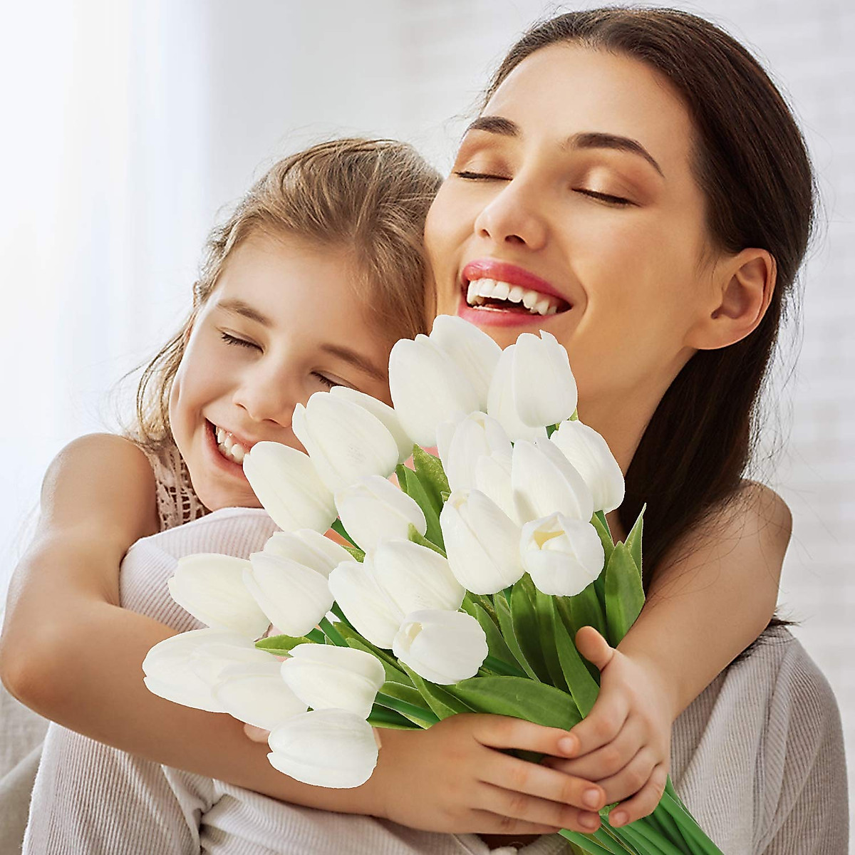 EZFLOWERY 10 Heads Artificial Tulips Flowers Real Touch Arrangement Bouquet for Home Room Office Party Wedding Decoration, Excellent Gift Idea for Mothers Day (10, White)