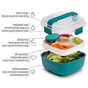 Goodful Stackable Lunch Box Container, Bento Style Food Storage with Removeable Compartments for Sandwich, Snacks, Toppings & Dressing, Leak-Proof and Made without BPA, 56-Ounce, Teal
