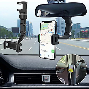 YCNASSS New 360° Rearview Mirror Phone Holder for Car Multifunctional Mount Phone and GPS Holder Universal Rotating Car Phone Holder, Cell Phone Automobile Cradles (Black)