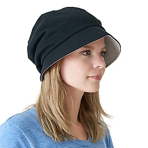 CHARM Women Cotton Sun Hat - Organic Summer Bucket Reversible Chemo Cap Foldable Elastic Black & Light Gray