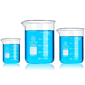 HUAOU Glass Beakers Set, 50ml 100ml 250ml Lab Glassware Beaker with Double Scale, Low Form 3.3 Boro Science Chemistry Measuring Beakers (3pcs)