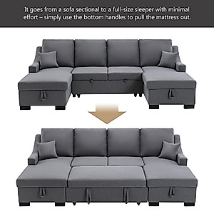 LUMISOL U Shape Sleeper Sectional Sofa, Convertible Sofa Bed with Double Storage Chaise, Modern Upholstered Sofa Couch with Pull Out Sofa Bed and 2 Tossing Cushions for Living Room Apartment, Grey