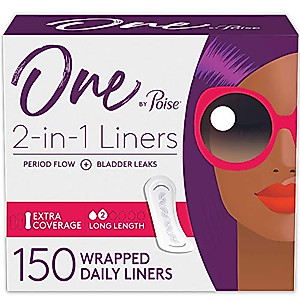 One by Poise Panty Liners (2-in-1 Period & Bladder Leakage Daily Liner), Long, Extra Coverage for Period Flow, Very Light Absorbency for Bladder Leaks, 150 Count (3 Pack of 50)