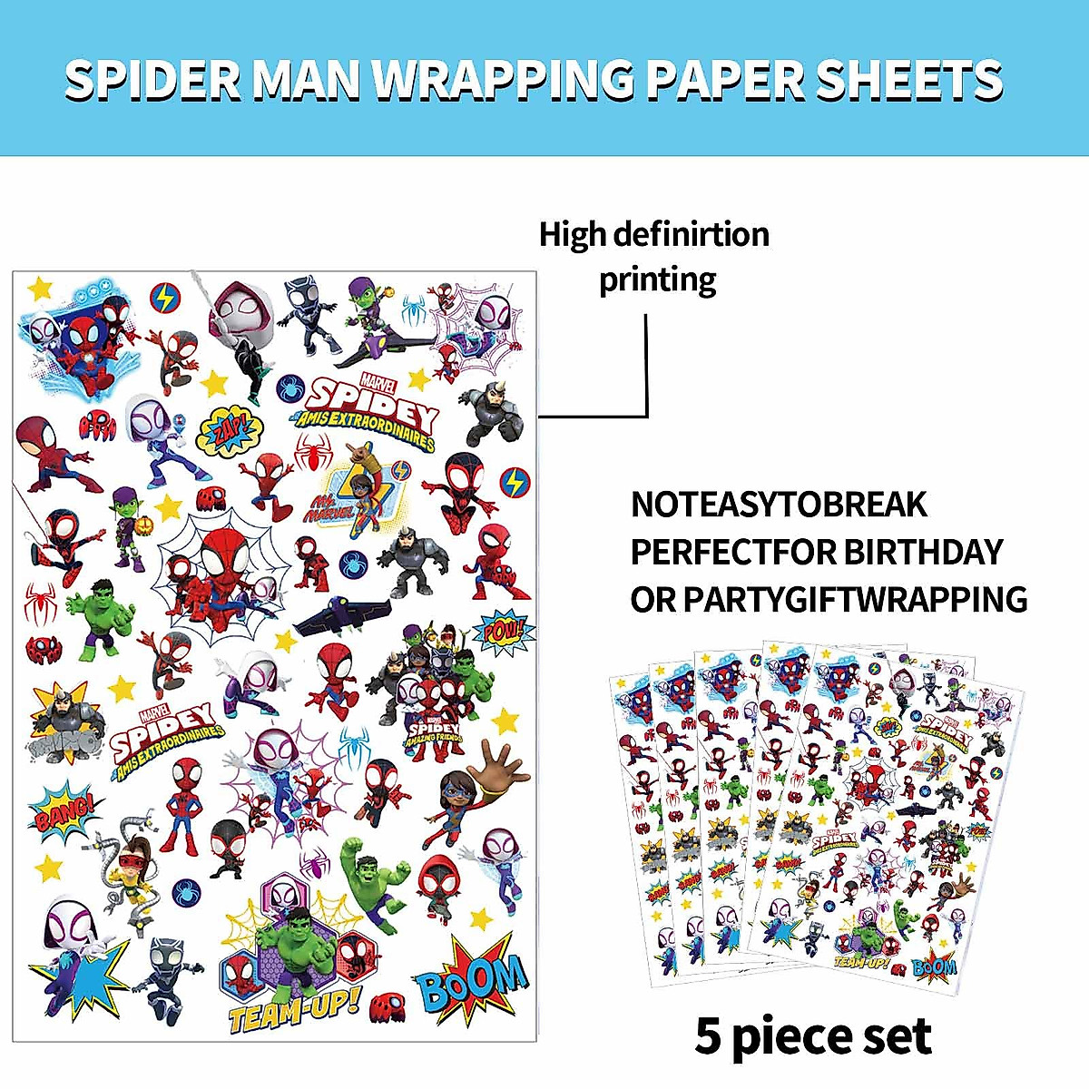 5 Pcs Spidey Wrapping Paper Spidey and His Amazing Friends Gift Wrap Bulk Art Paper Folded Flat for Baby Shower Spidey and His Amazing Friends Birthday Party Decorations Wedding DIY Crafts Gift