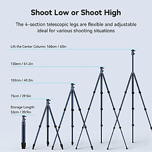 SmallRig AP-02 Lightweight Travel Tripod, 63" Camera Tripod with Compact Unconventional Center Column, 360° Ball Head, QR Plate, Travel Bag, Load up to 17.6 lbs / 8 kg, for Most DSLR Cameras -4222