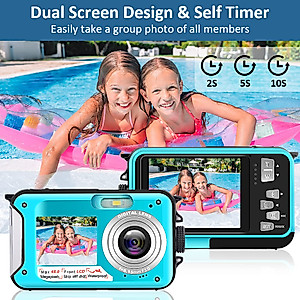 Digital Camera 10FT Waterproof Digital Camera 2.7K 48MP 16X Zoom in Waterproof Camera Selfie Dual Screens Underwater Camera for Snorkeling, Blue