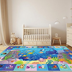 LTKOUGFAM Kids Play Rug, Animals Print Baby Mat for Floor, Kids Rug for Playroom, ABC Educational Rug, Non-Toxic Soft Baby Crawling Mat, Tummy Time Mat, Nursery Rugs (Blue, 78.7X59 INCH)