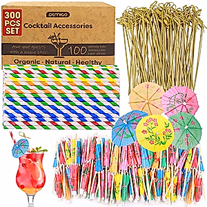 Cocktail Drink Accessories 300pcs – 100 Drink Umbrellas, 100 Bamboo Knotted Picks, 100 Paper Straws by DEMIGO, Great for Drinks & Appetizers, Hawaiian and Pool Parties