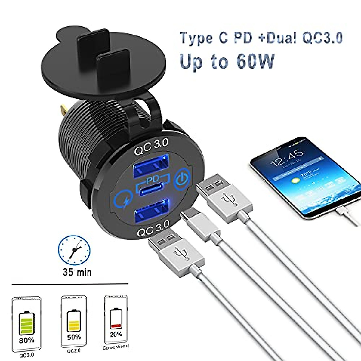 2 Packs PD Type C Car Charger Socket & Dual Quick Charge 3.0 Ports Aluminum, 60W USB C Triple 12V USB Socket Aluminum Car Charger with Touch Switch, Waterproof PD Charge for Car Boat Marine RV